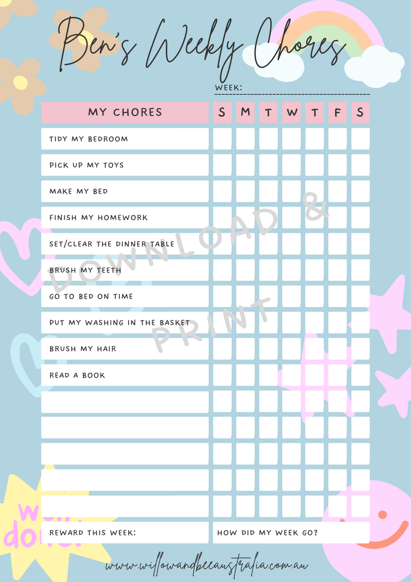 Kids Chore Chart Blue PDF Printable Template – Willow&Bee